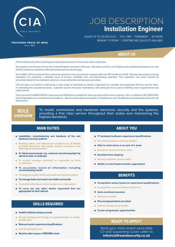 Careers At CIA Fire & Security | CIA Fire & Security Limited